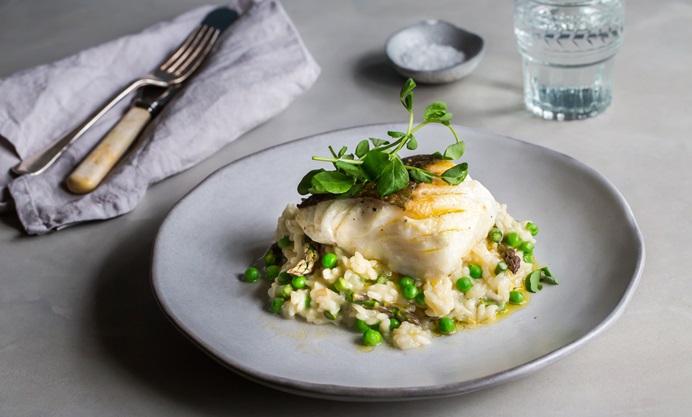 Cod with Pea and Asparagus Risotto Recipe - Great British Chefs