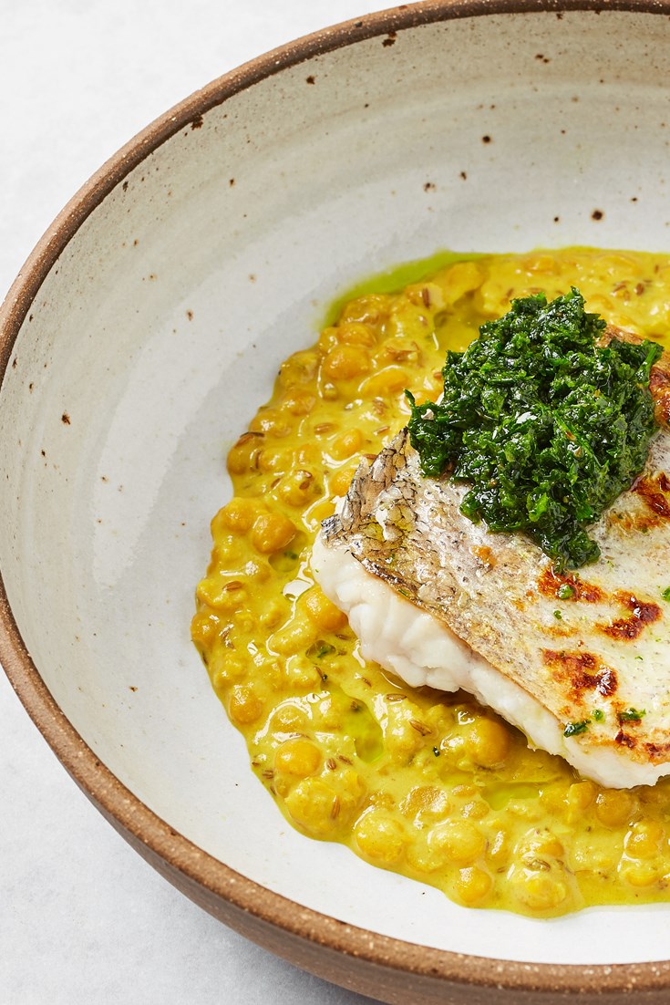 Hake with Zhoug and Yellow Split Pea Dhal Recipe - Great British Chefs